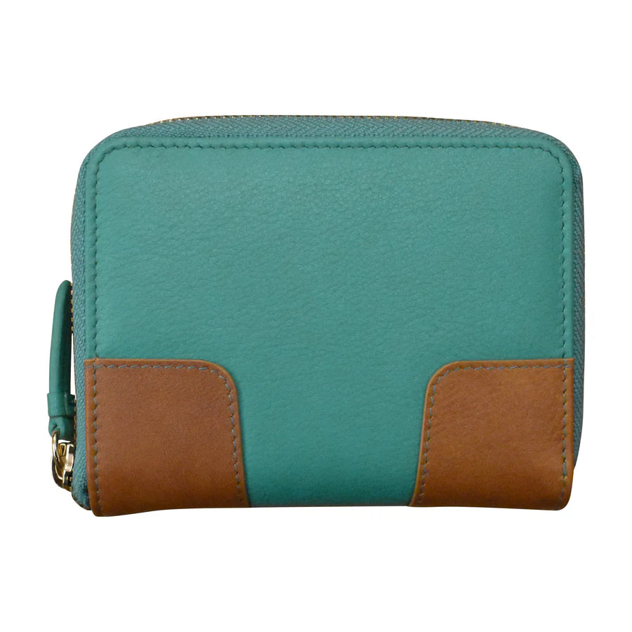 ILI New York RFID Leather Corner Detail Small Zip Wallet - Turquoise/S ...